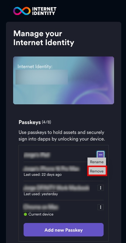 Removing Old Passkeys – Internet Identity